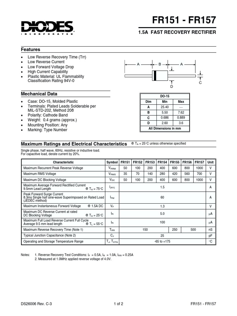FR151 - FR157: 1.5A Fast Recovery Rectifier | PDF | Rectifier | Capacitor