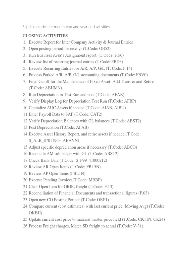 Closing Activities: Sap Fico Tcodes For Month End and Year End ...