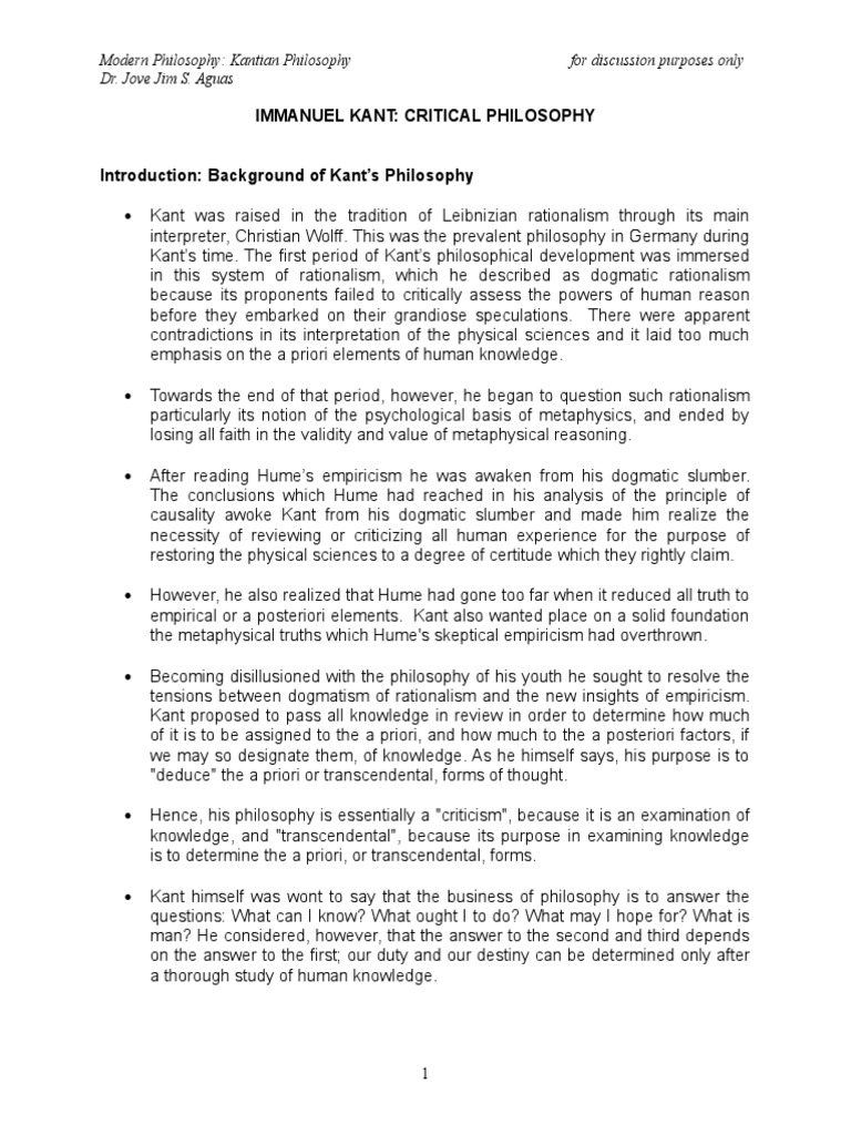 Kant Crtitical Philosophy | PDF | A Priori And A Posteriori | Immanuel Kant