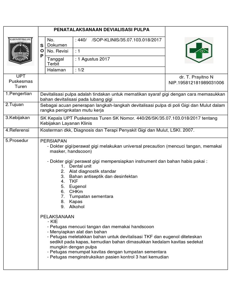 Sop Penatalaksanaan Devitalisasi Pulpa | PDF | Sains & Matematika