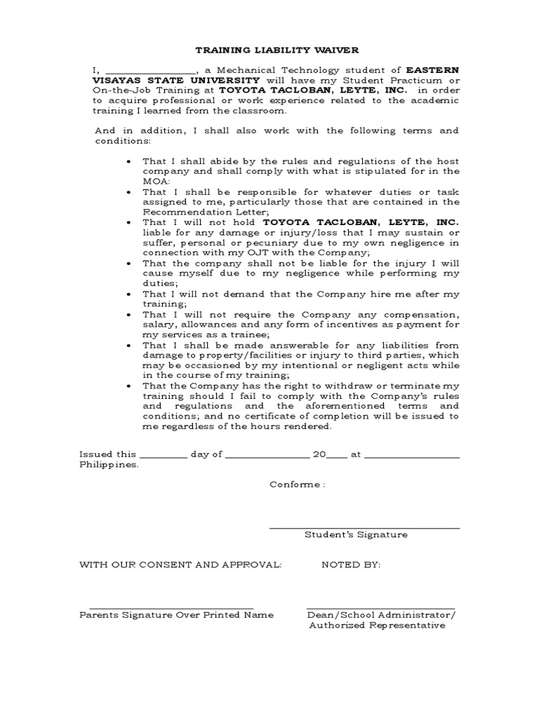 Training Liability Waiver | PDF | Negligence | Legal Liability