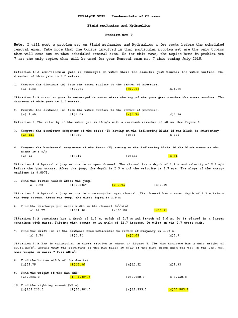 Fluid Mechanics and Hydraulics (Problem Set 7) PDF | PDF | Pressure | Transparent Materials