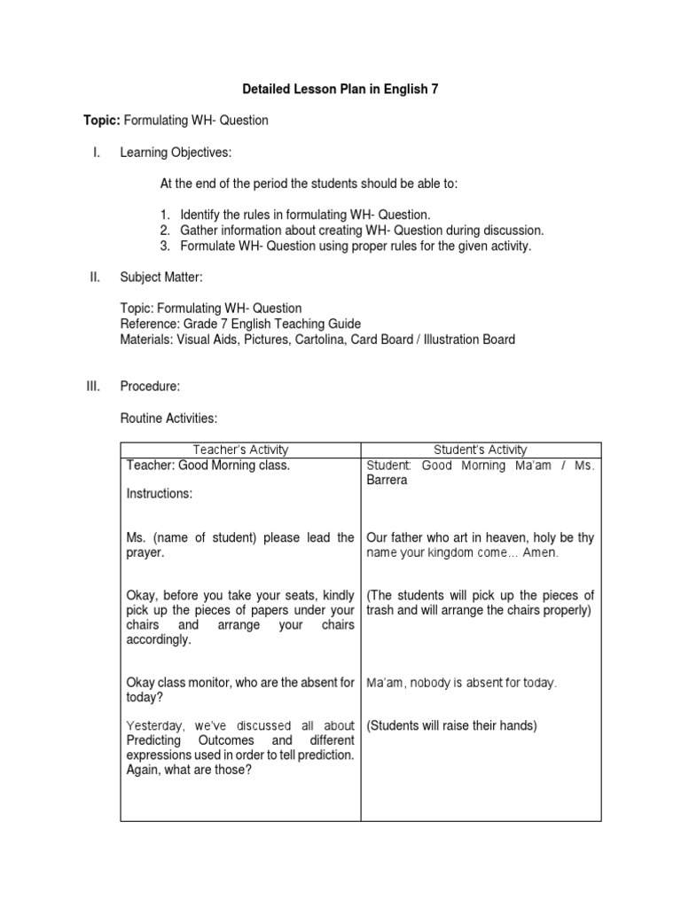 Formulating WH Questions Lesson Plan | PDF | Question | Teachers