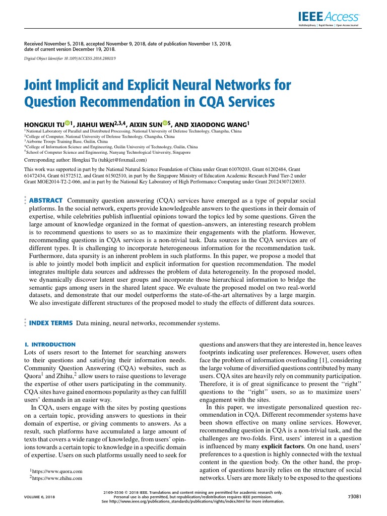 Joint Implicit and Explicit Neural Networks For Question Recommendation in CQA Services | PDF ...