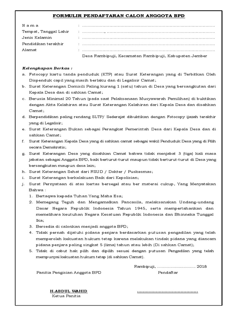 Formulir Pendaftaran Calon Anggota BPD | PDF