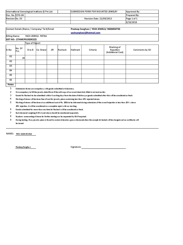 IGI Submission Form for Jewelry | PDF | Diamond | Gemstone