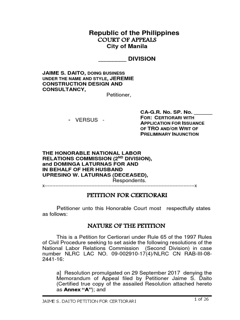 1 - Petition For Certiorari. | PDF | Injunction | Employment