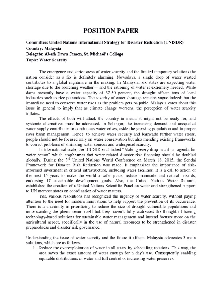 Water Scarcity Position Paper - AYIMUN 2019, UNISDR Committee | PDF ...