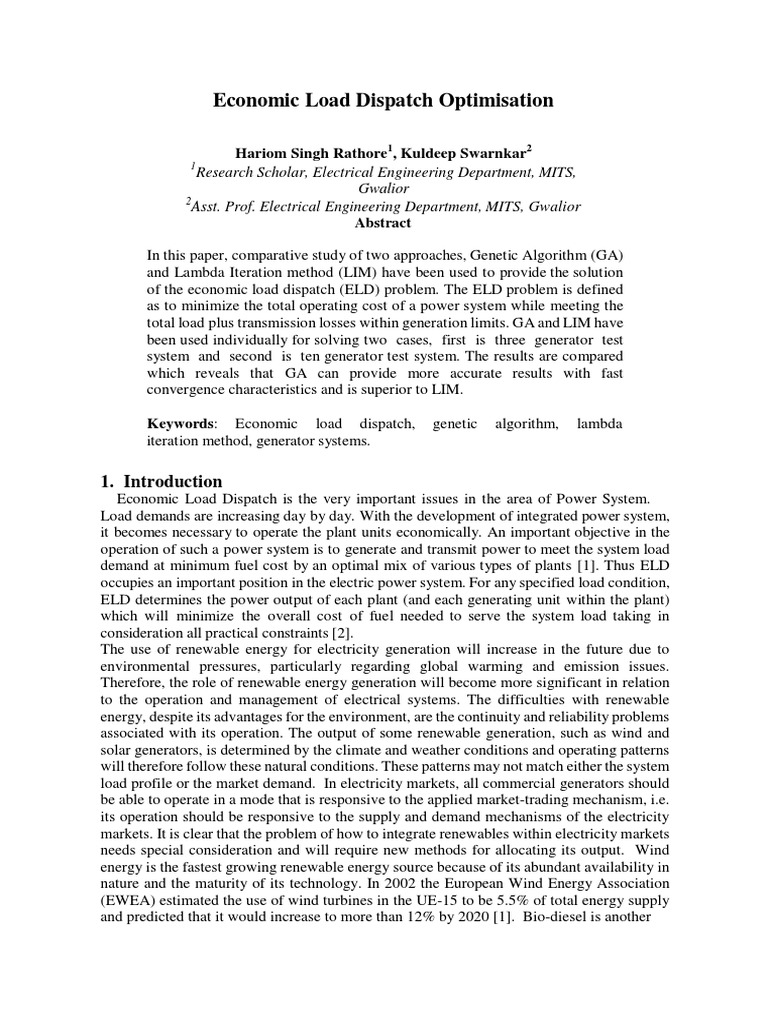ELD Research Paper 12sep | PDF | Genetic Algorithm | Wind Power