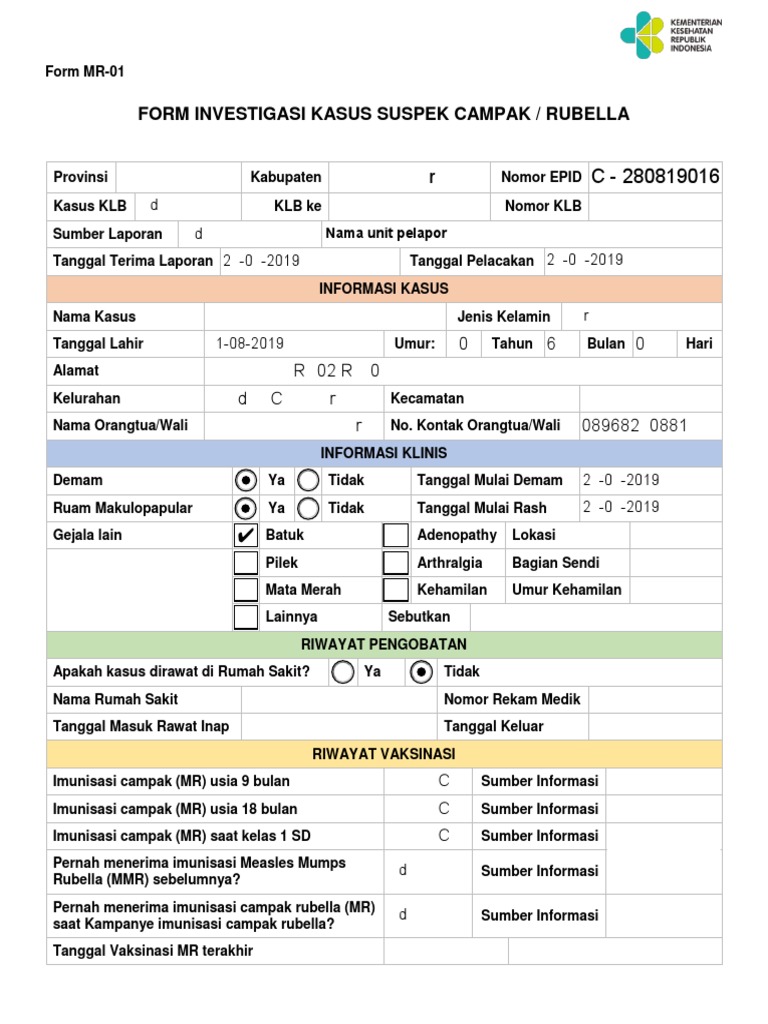 MR01 Form Investigasi Kasus Suspek Campak Rubella 2019 PDF | PDF