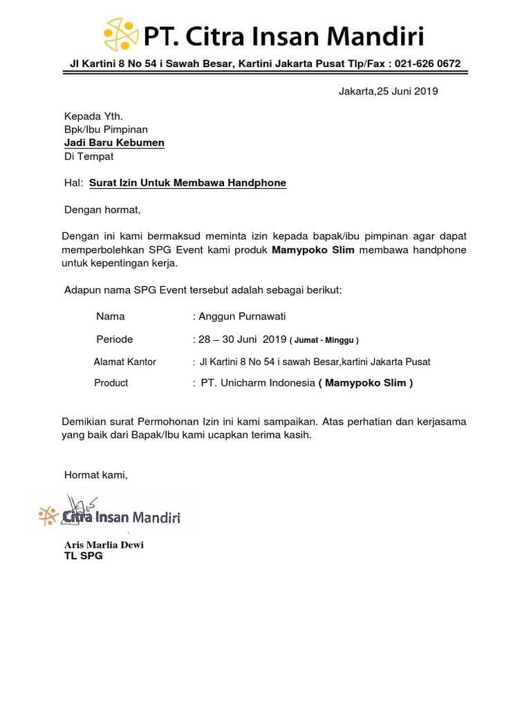 Surat Ijin Bawa Hape SPG Event | PDF