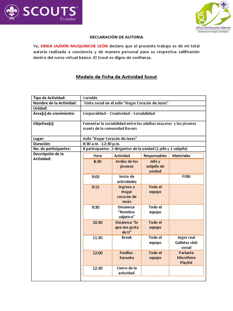 Formato Ficha Actividad Scout Pdf Organizaciones Juveniles