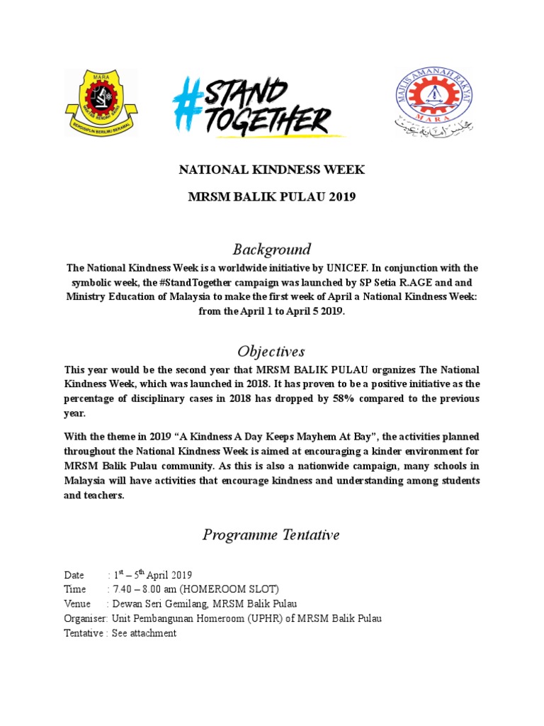 Background: National Kindness Week MRSM Balik Pulau 2019 | PDF | Wellness