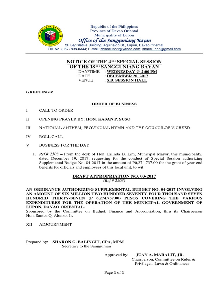 Notice of Special Session to Authorize a Supplemental Budget for Year ...