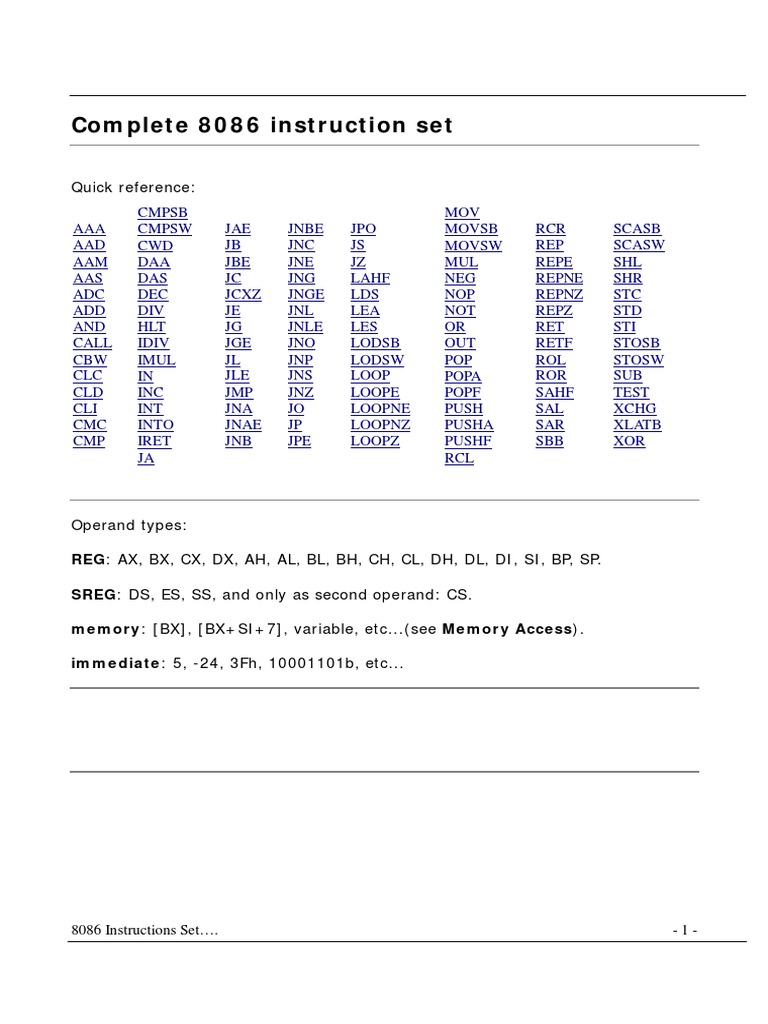 Complete 8086 Instruction Set: Quick Reference | PDF | Binary Coded Decimal | Computer Engineering