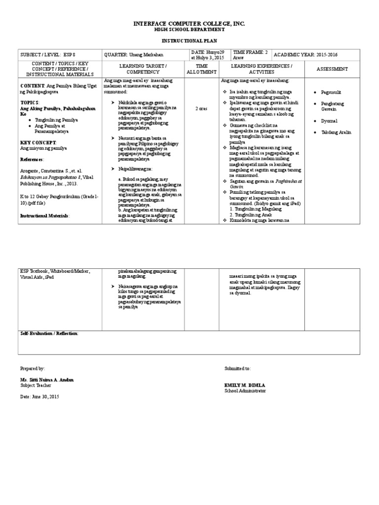 Instructional Plan ESP 8 | PDF