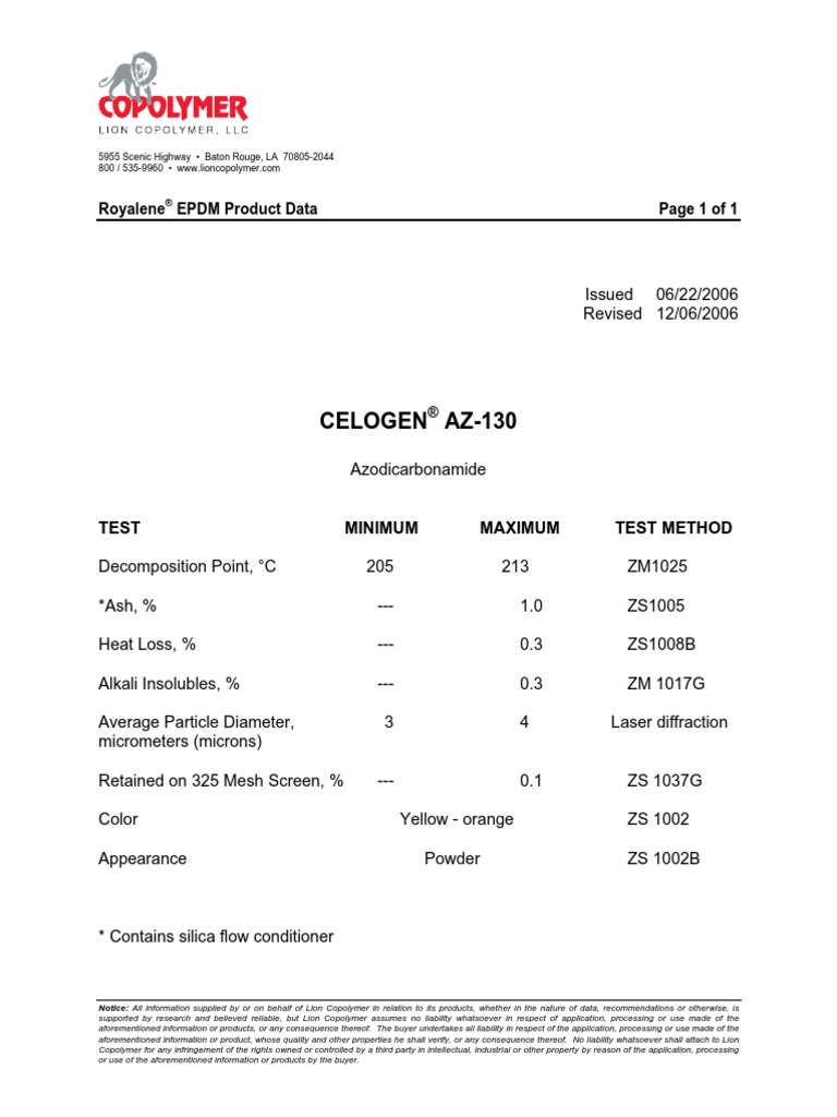 Celogen AZ-130: Royalene EPDM Product Data Page 1 of 1 | PDF | Applied ...