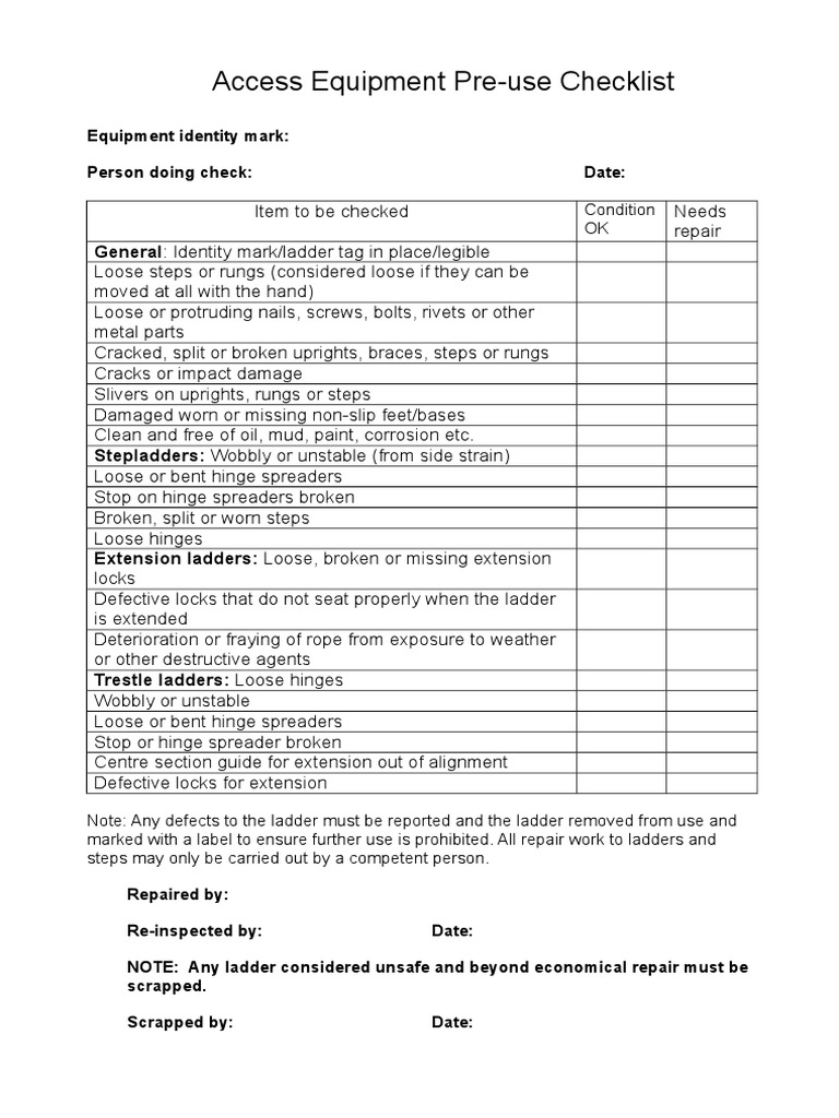 Access Equipment Safety Inspection Checklist | PDF