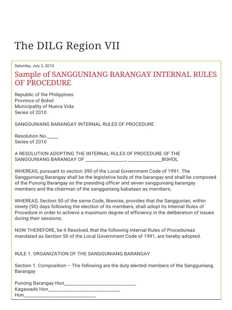 Barangay Internal Rules of Procedure | PDF | Quorum | Parliamentary ...