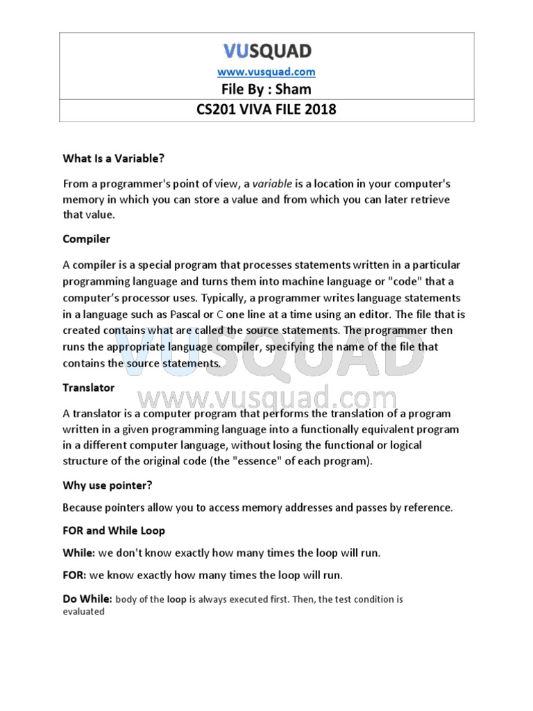 Cs201 Viva Mega File | PDF | Parameter (Computer Programming ...