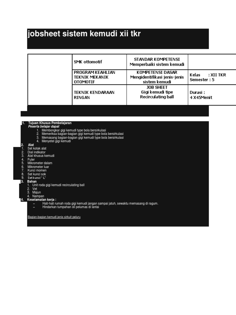 Jobsheet Sistem Kemudi Xii TKR | PDF