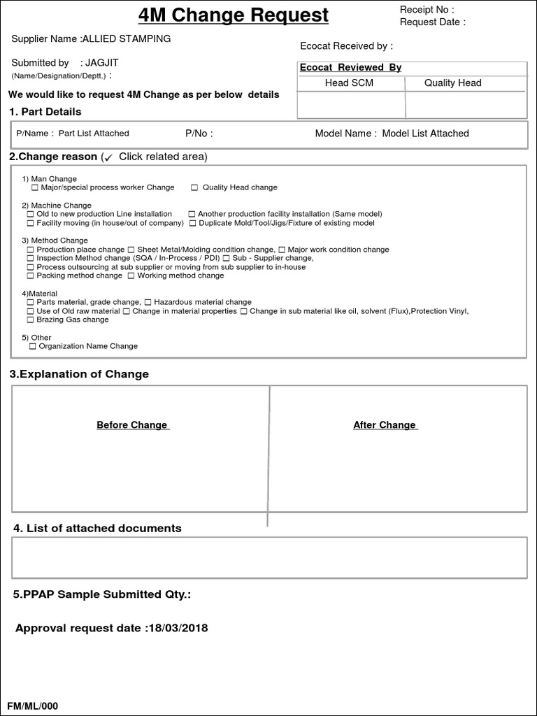 4M Change Request Form Template | PDF | Technology & Engineering