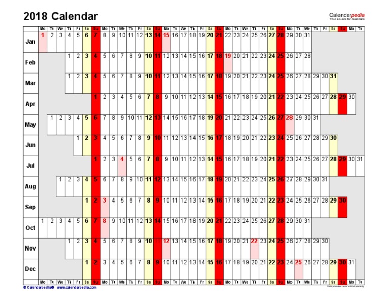 2018 Calendar Landscape Linear Days Aligned | PDF