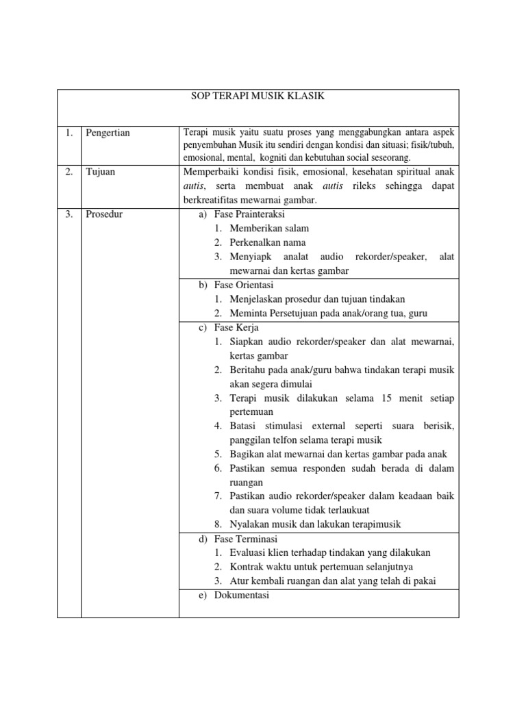 SOP Terapi Musik Klasik untuk Anak Autis | PDF