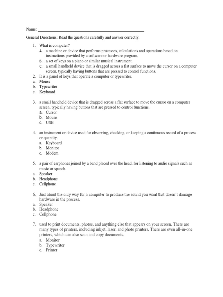 Computer Fundamentals Quiz: An Assessment of Basic Computer Hardware, Software, and Internet ...