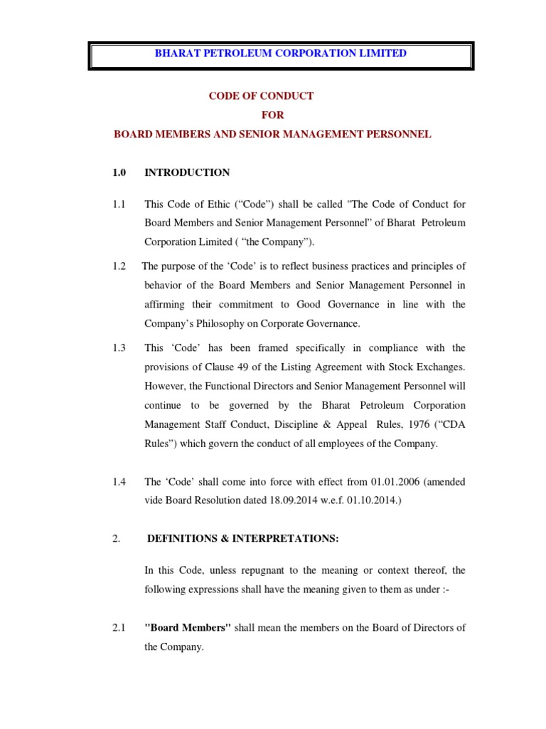 Code of Conduct FOR Board Members and Senior Management Personnel | PDF ...