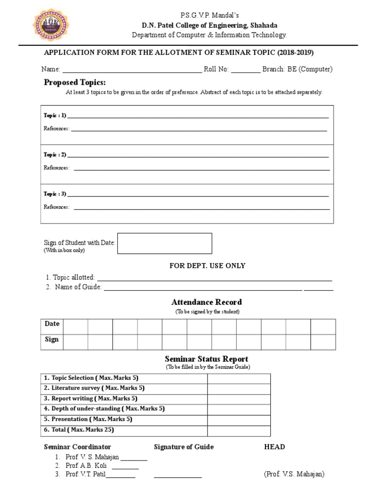 Seminar Topic Allotment Application Form | PDF