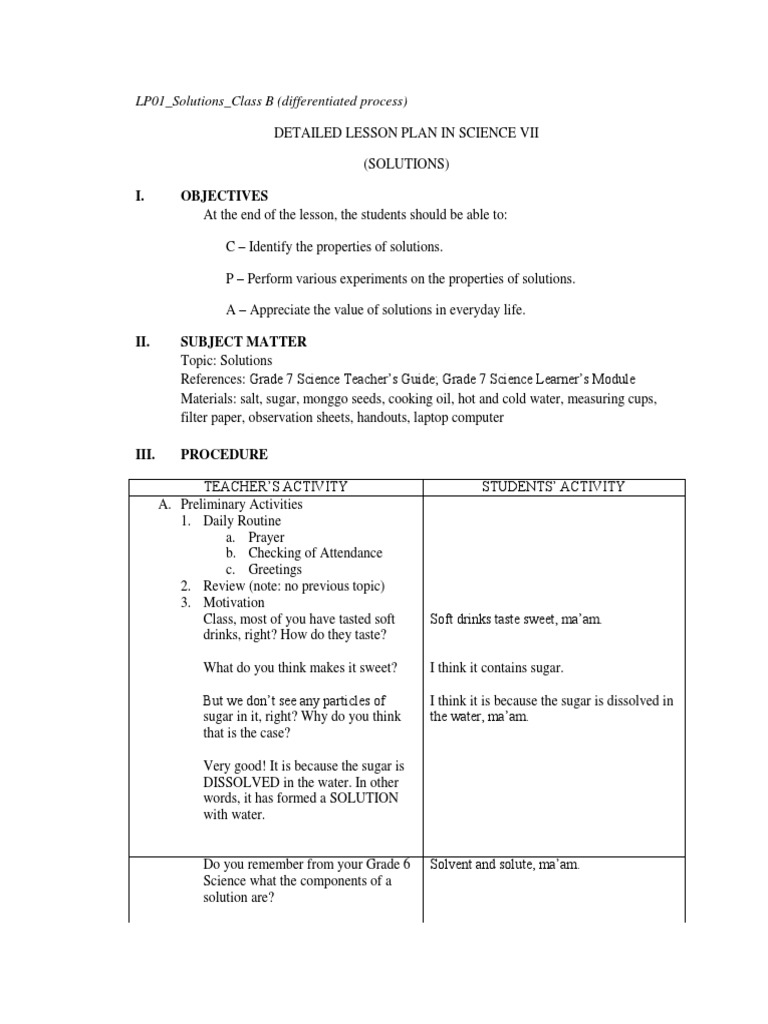 Content Lesson Plan | PDF | Solution | Teaspoon