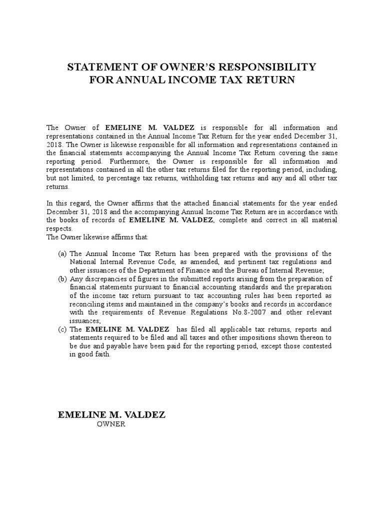 Statement of Owner'S Responsibility For Annual Income Tax Return | PDF