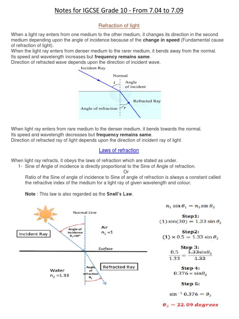 Notes For Igcse Grade 10 From 7 04 To 7 09 Refraction Of Light Pdf Lens Optics Refraction