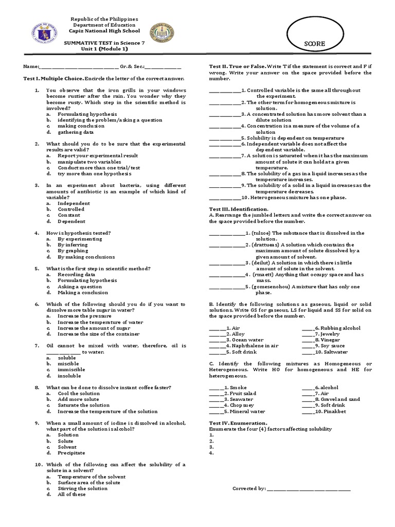 Summative Test Solution | PDF | Solution | Solubility
