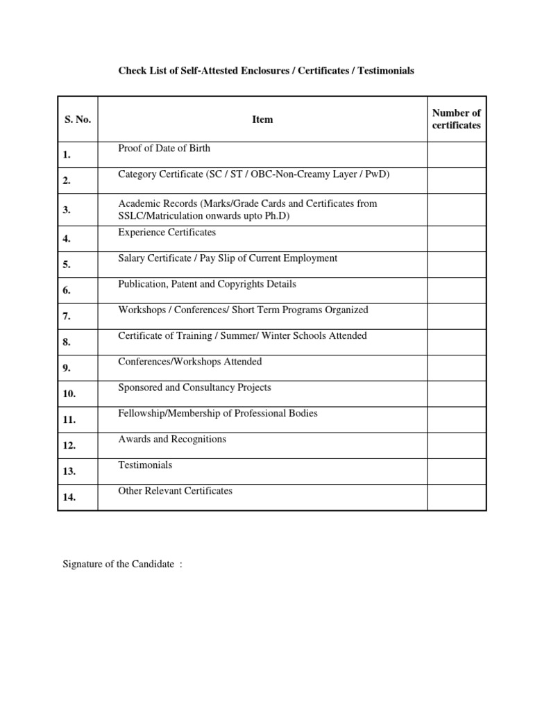 Check List of Self-Attested Enclosures / Certificates / Testimonials ...