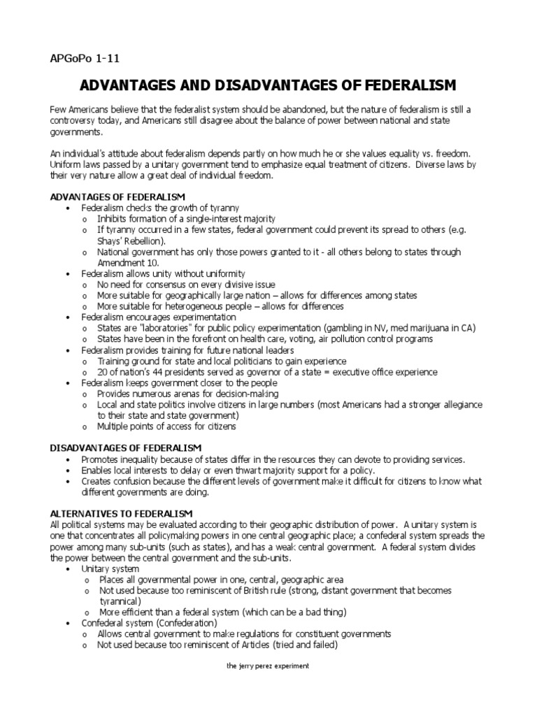 1-11 Advantages and Disadvantages of Federalism | PDF | Federalism | U ...