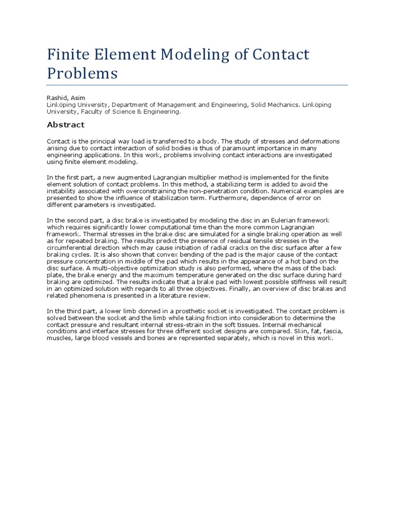 Finite Element Modeling of Contact Problems | PDF | Continuum Mechanics ...
