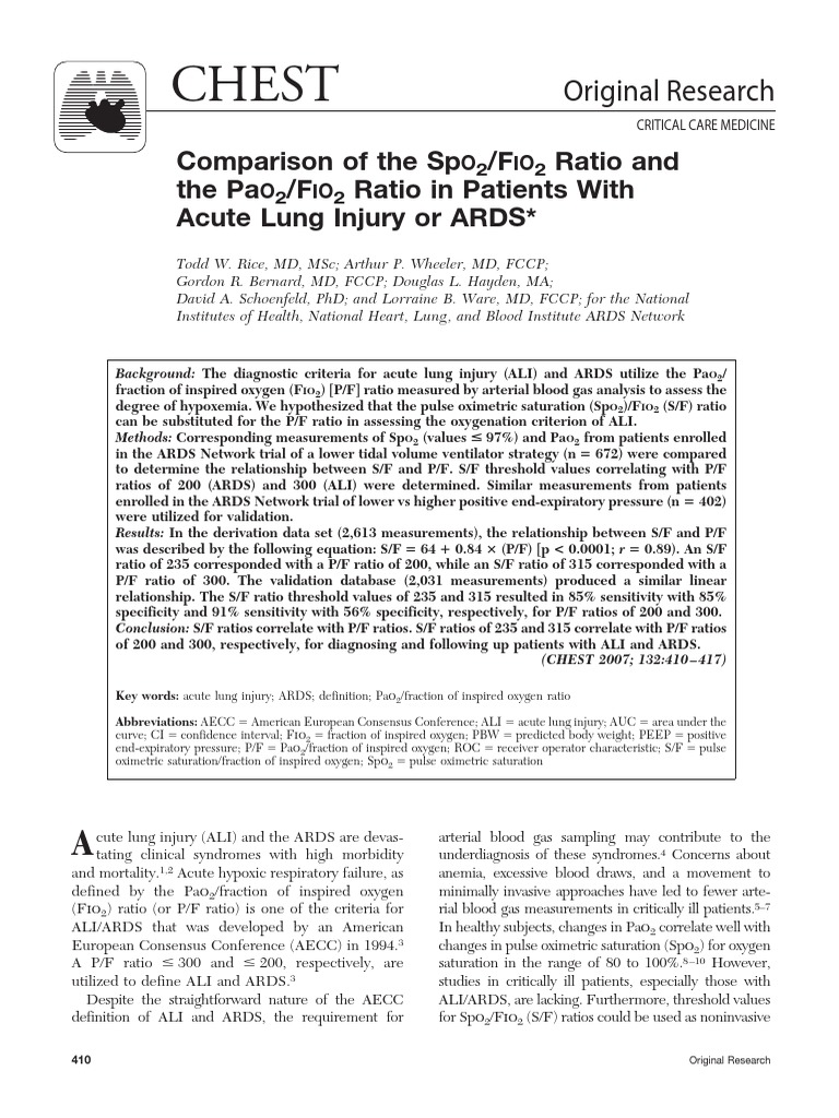 Comparison of The SpO2/FIO2 Ratio and The PaO2/FIO2 Ratio in Patients ...