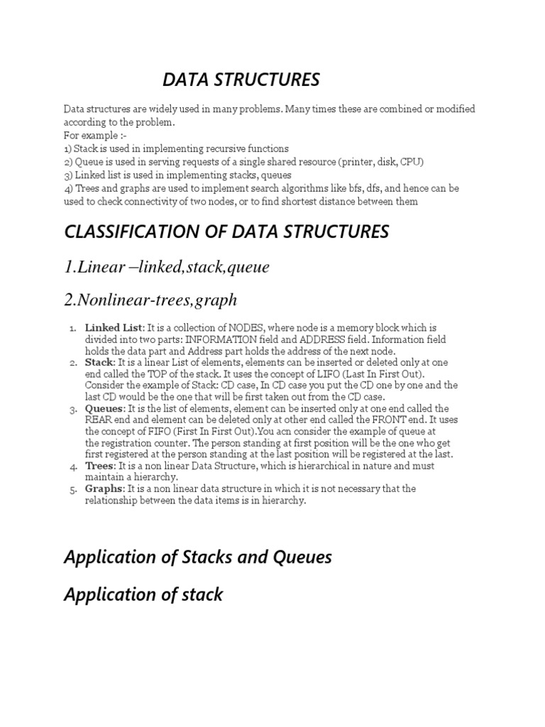 Data Structures: 1.linear - Linked, Stack, Queue 2.nonlinear-Trees, Graph | PDF | Algorithms And ...