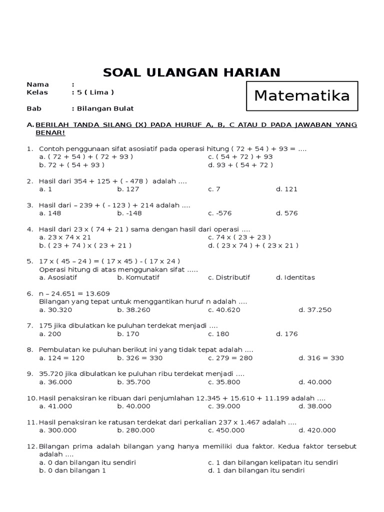 Soal Matematika Kelas 5 SD Bab 1 Bilangan Bulat Dan Kunci Jawaban | PDF