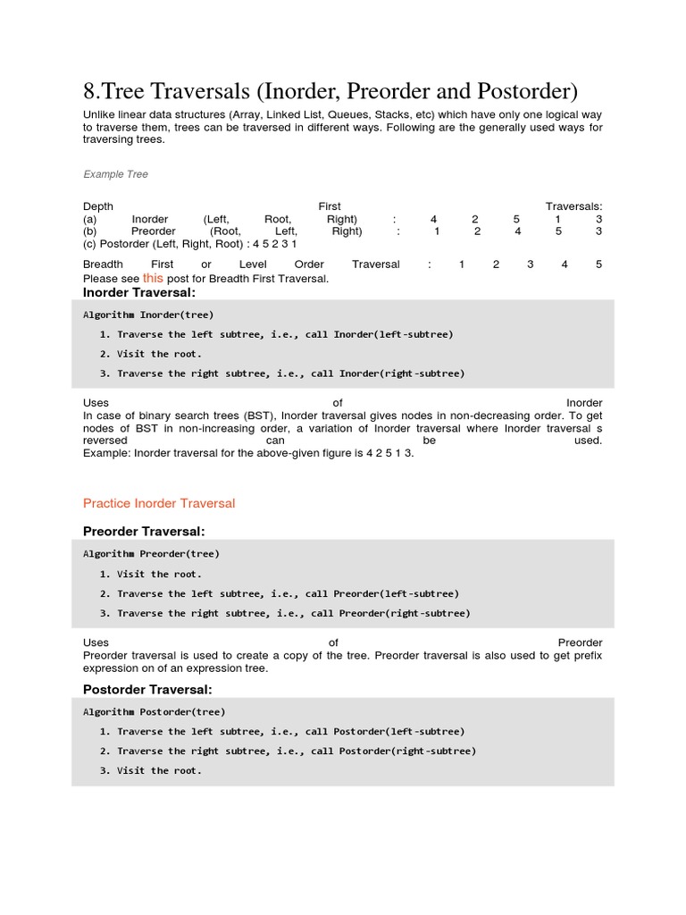 8.tree Traversals (Inorder, Preorder and Postorder) | PDF