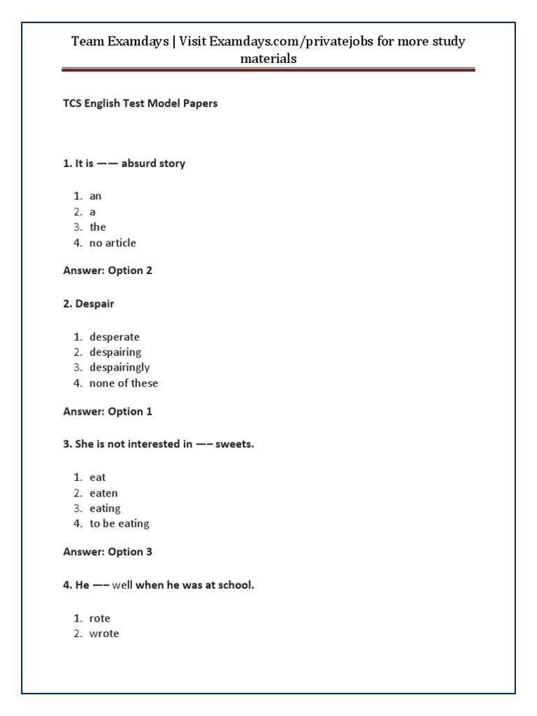 Materials: TCS English Test Model Papers | PDF