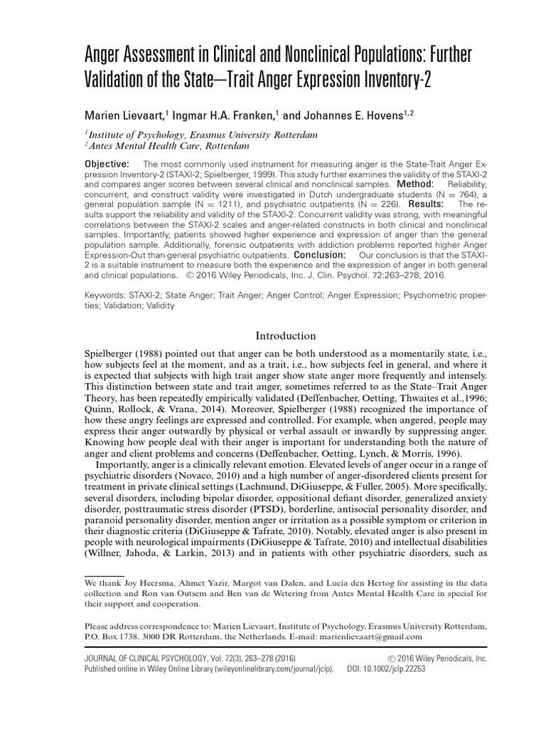 Anger Assessment in Clinical and Nonclinical Populations Further ...