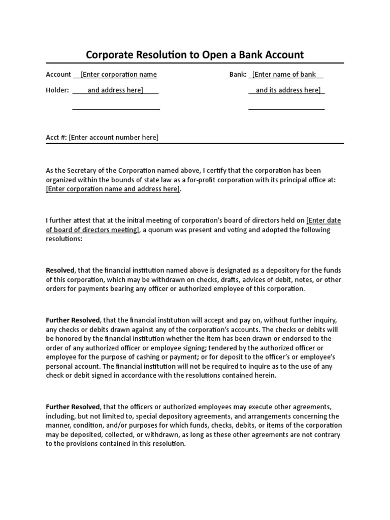 Corporation Resolution To Open A Bank Account | PDF | Cheque | Debit Card