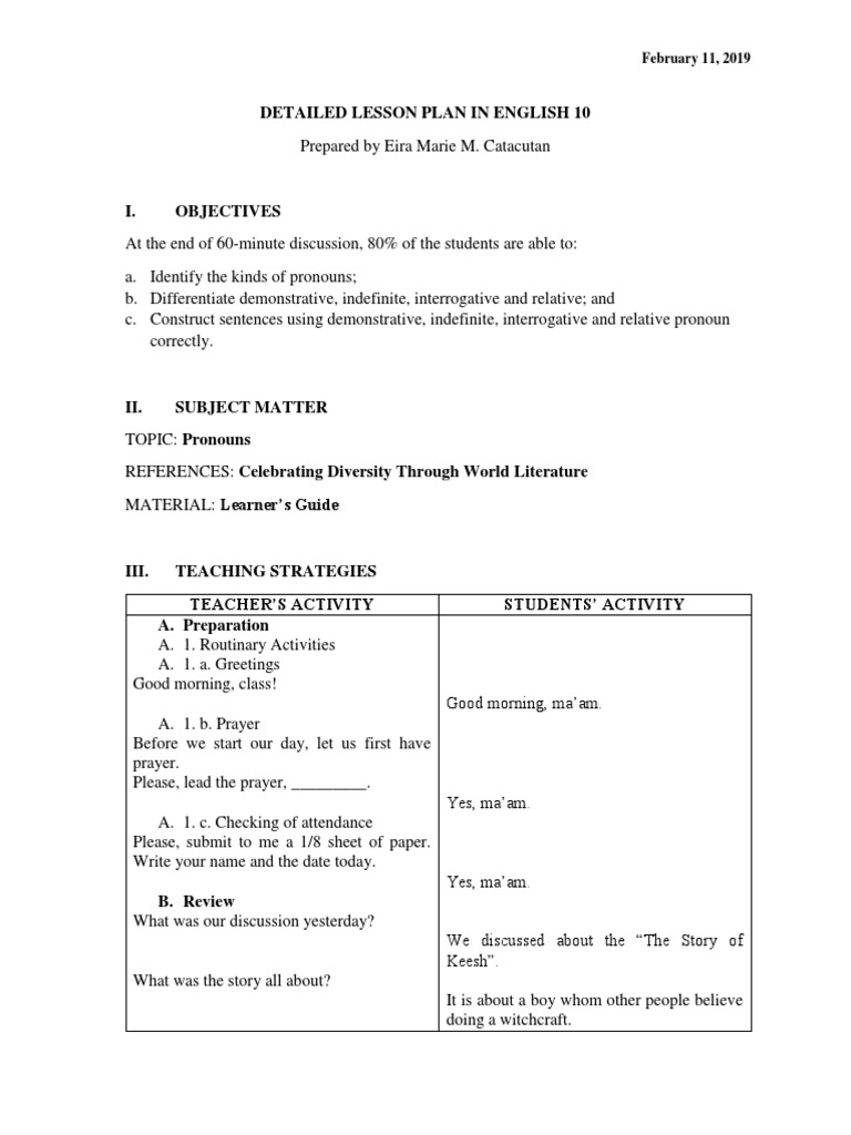 Lesson Plan on Pronouns for Grade 10 | PDF | Pronoun | Lesson Plan