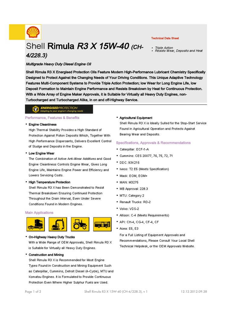 Shell Rimula R3 X 15W 40 TDS | PDF | Motor Oil | Chemistry