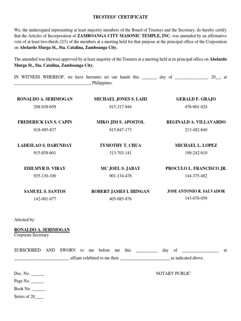 Trustees Certificate | PDF