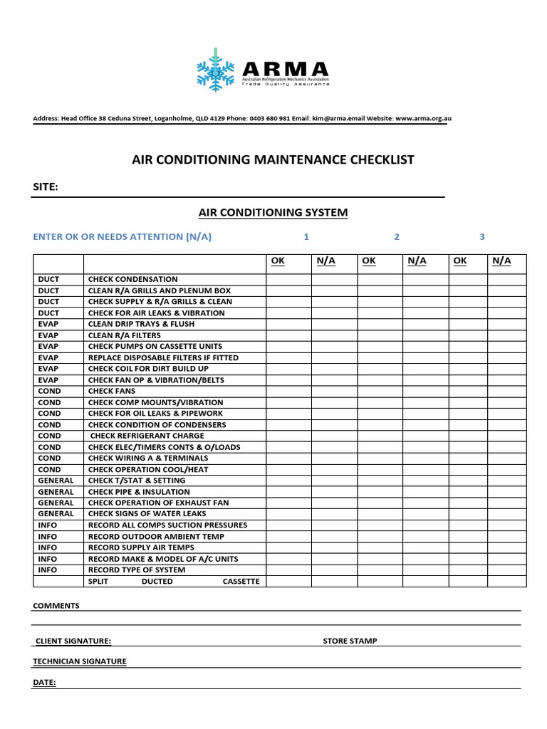 Air Conditioning Maintenance Checklist | PDF