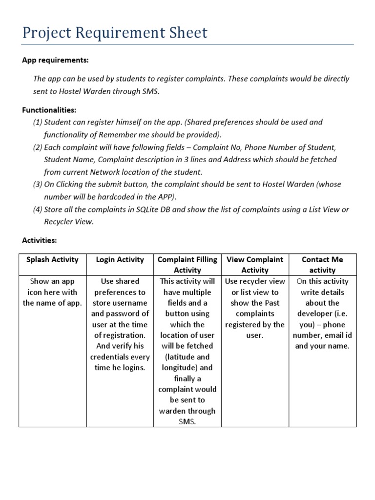 Project Requirement Sheet: App Requirements | PDF